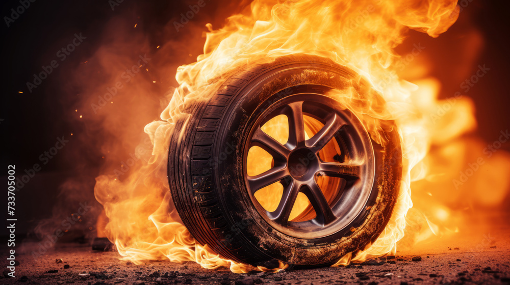 Intense flames engulf a tire in a dramatic representation of danger and ...