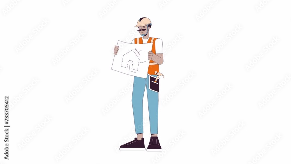 Home builder holding blueprint line 2D character animation. Schematic ...