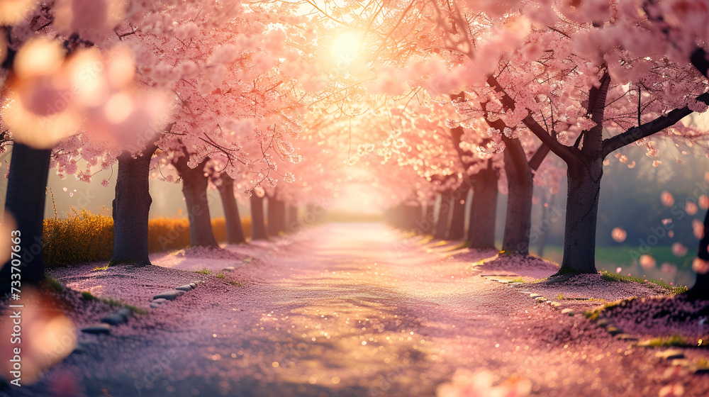 blossoming sakura trees in the light of the sun and sakura petals lie ...