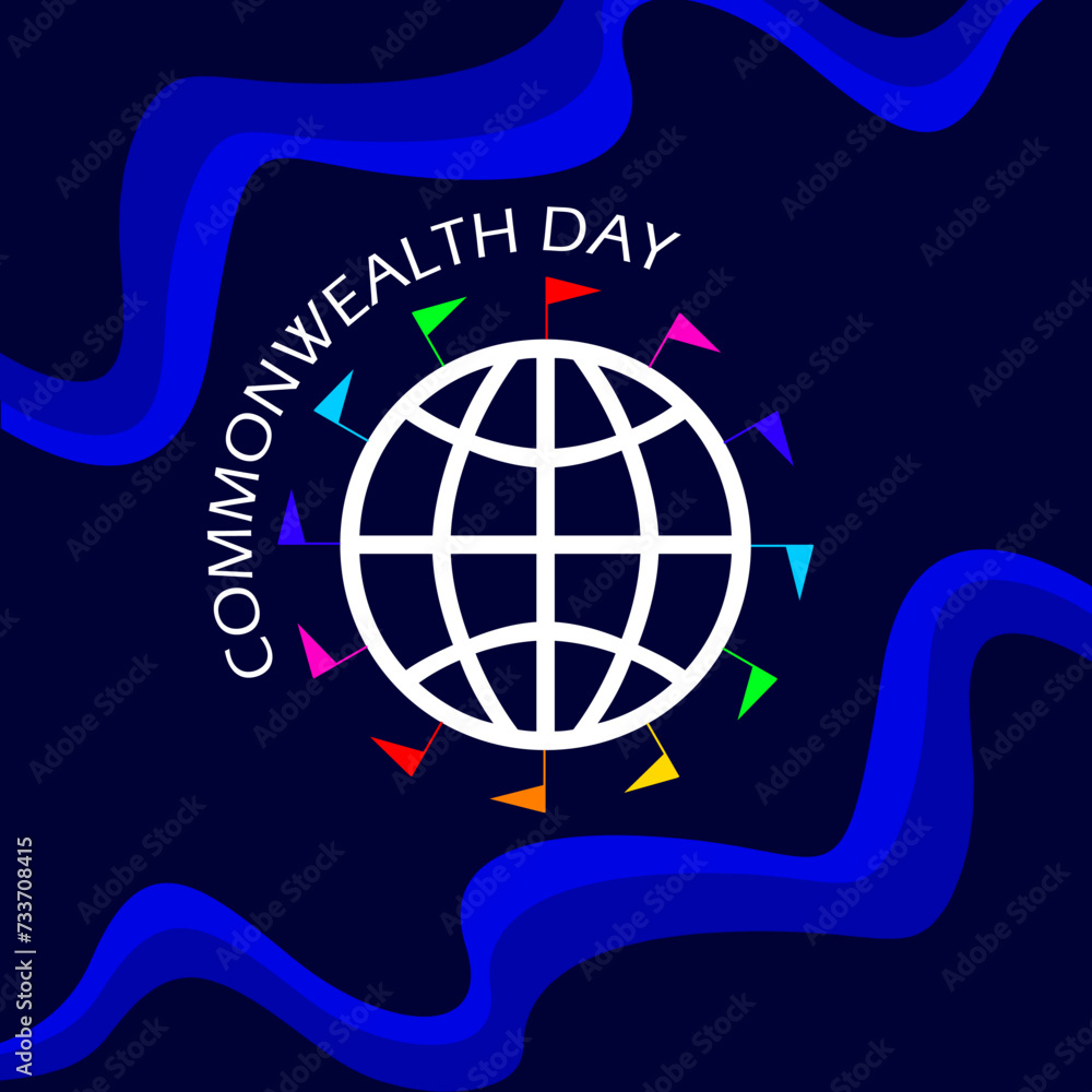 Commonwealth Day event banner. Globe icon surrounded by colorful flags ...