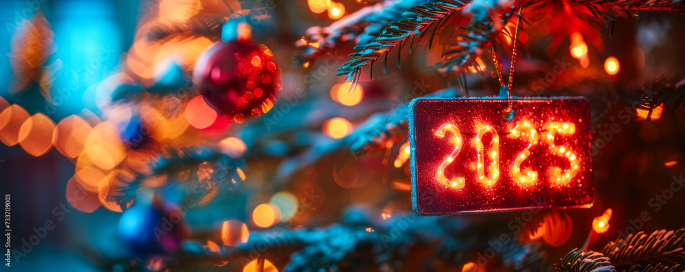 Illuminated 2025 sign hanging on a Christmas tree with twinkling lights ...