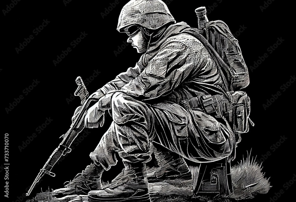 Line art drawing illustration of an American Vietnam War soldier with ...