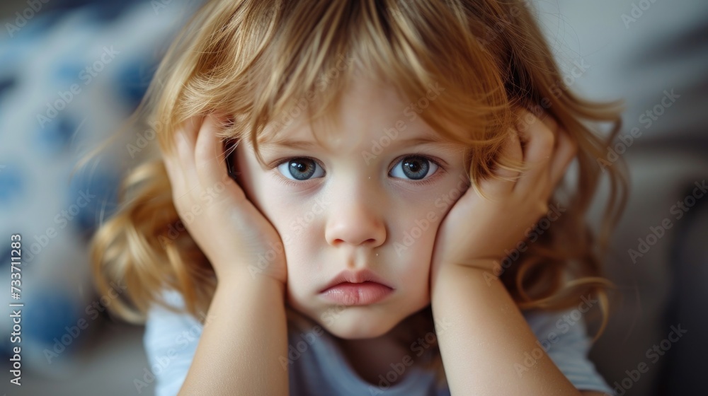 Close-up portrait of a contemplative young child with large, expressive ...