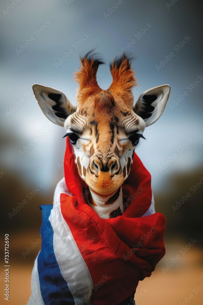 closeup of a giraffe wrapped in french flag. Surreal concept for summer ...
