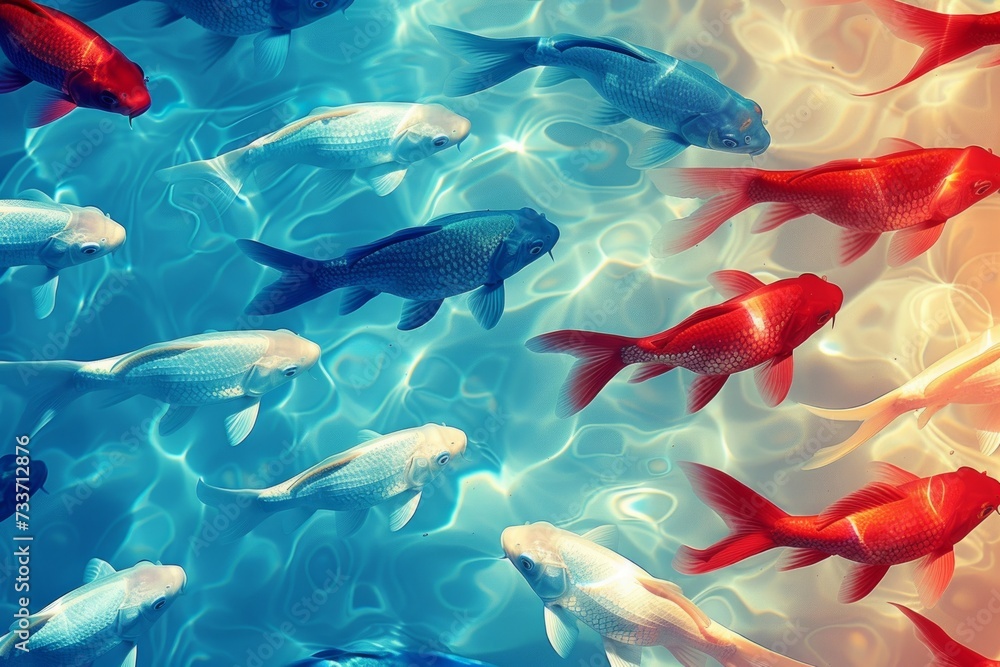 fishes in colors of French flag, blue, white and red, are swimming in ...