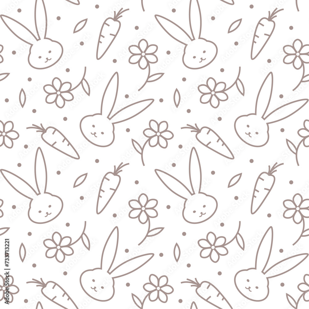Cute bunny and carrot seamless vector pattern, outline shapes on ...