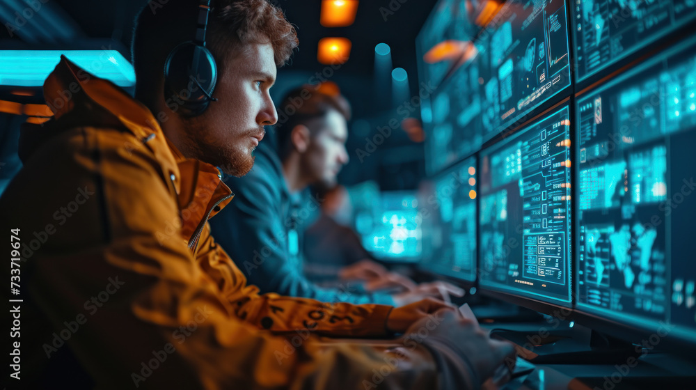 cybersecurity experts work on computers with complex code on screens ...