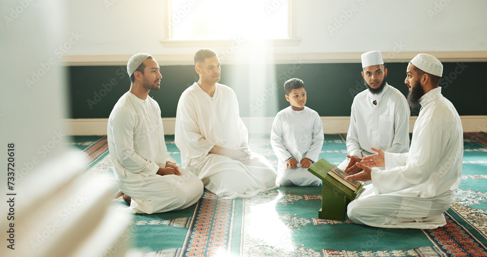 Muslim, religion and people in mosque for praying, religious education ...