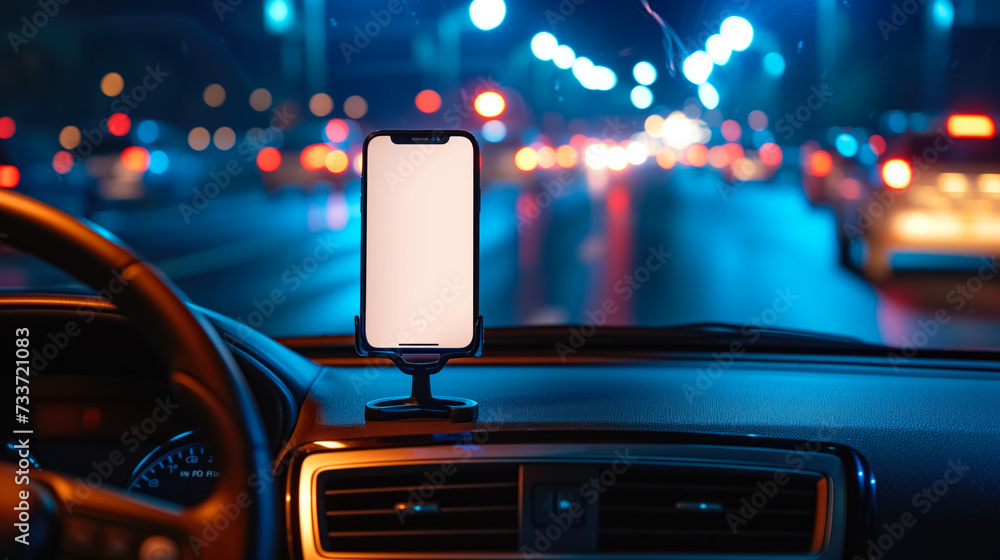Smartphone in a car use for Navigate or GPS while driving on a night ...