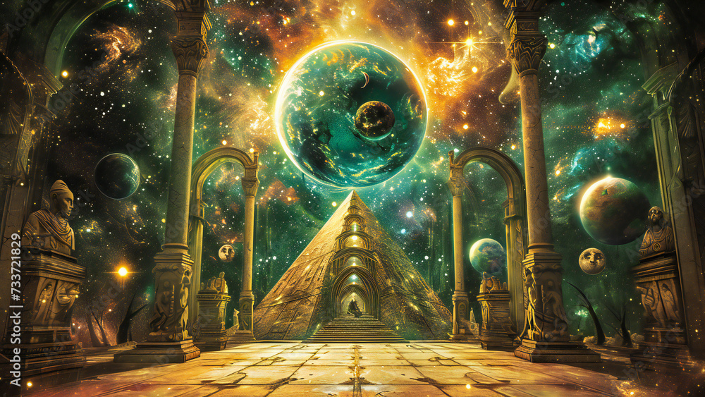 A pyramid of wisdom, surrounded by planets. Eternal temple of wisdom ...