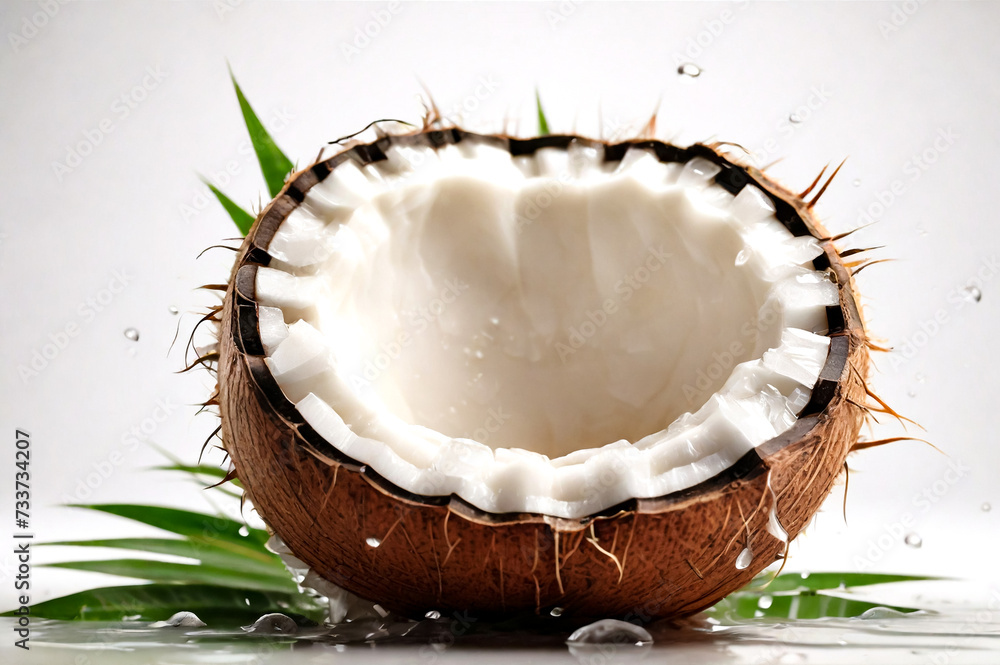 Fresh coconut fruit with water drops at white background. Cartoon ...