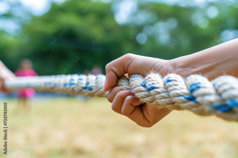 kid children hands holding rope playing tug of war during joint ...