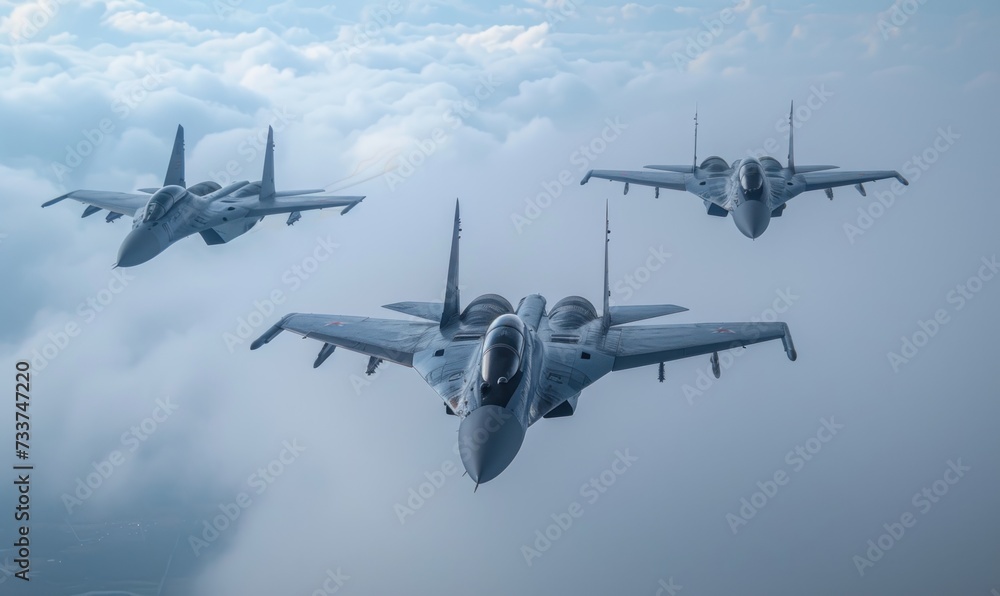 Three military fighter jets as part of a unit in the sky. Stock Photo ...
