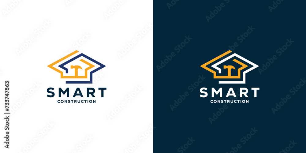 Creative Simple Smart Construction Logo. Graduation Hat and Hammer with ...