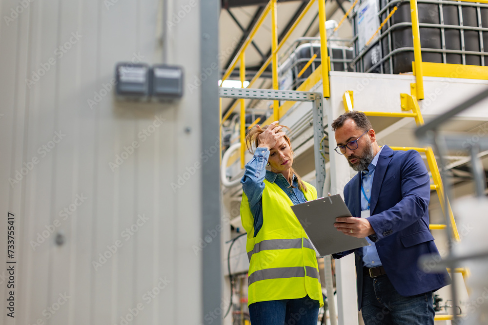 Supervisor, manager scolding employee in modern industry factory ...