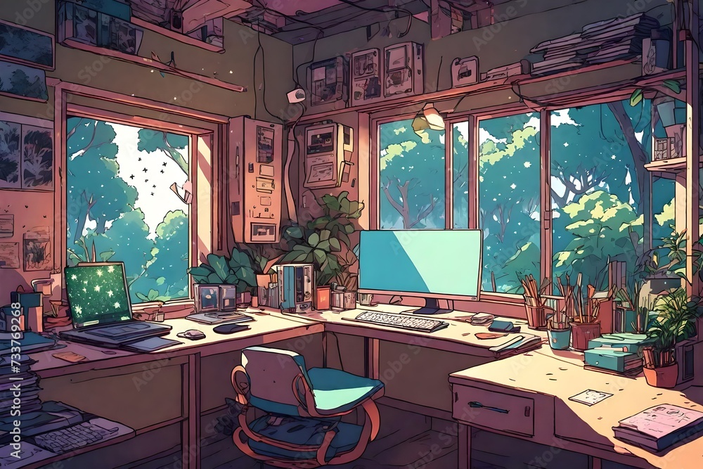 Lofi empty interior. Messy desk, window view of a forest, jungle. Anime ...