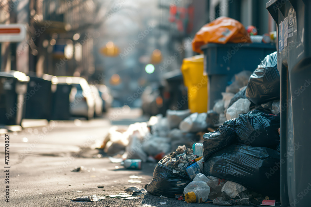 Overflowing garbage can in an urban area. Mess and trash on the street ...