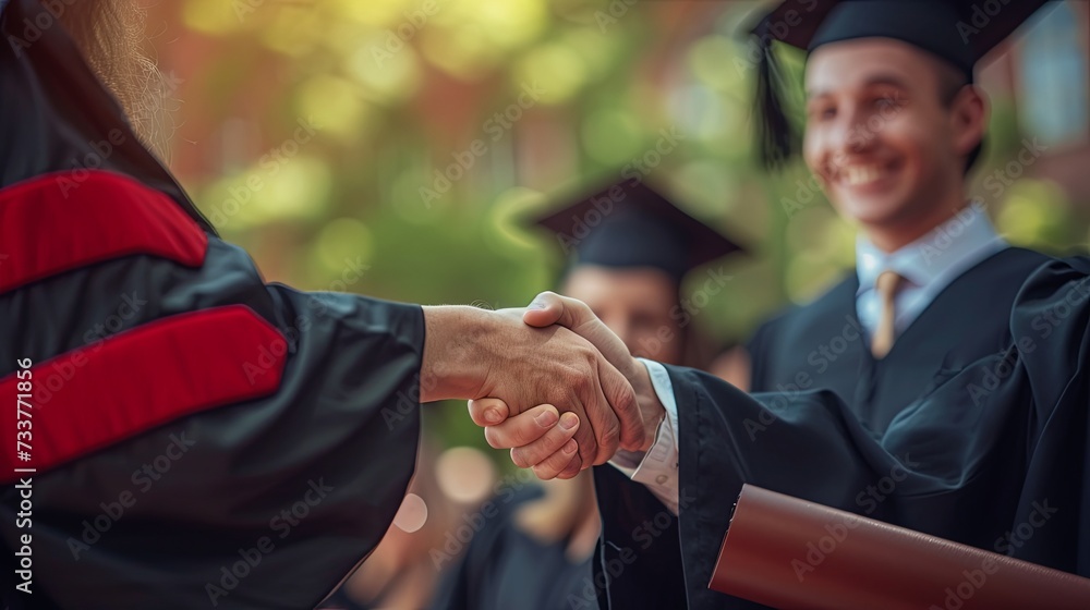 Graduation day scene with a proud male graduate in cap and gown shaking hands with a professor ...