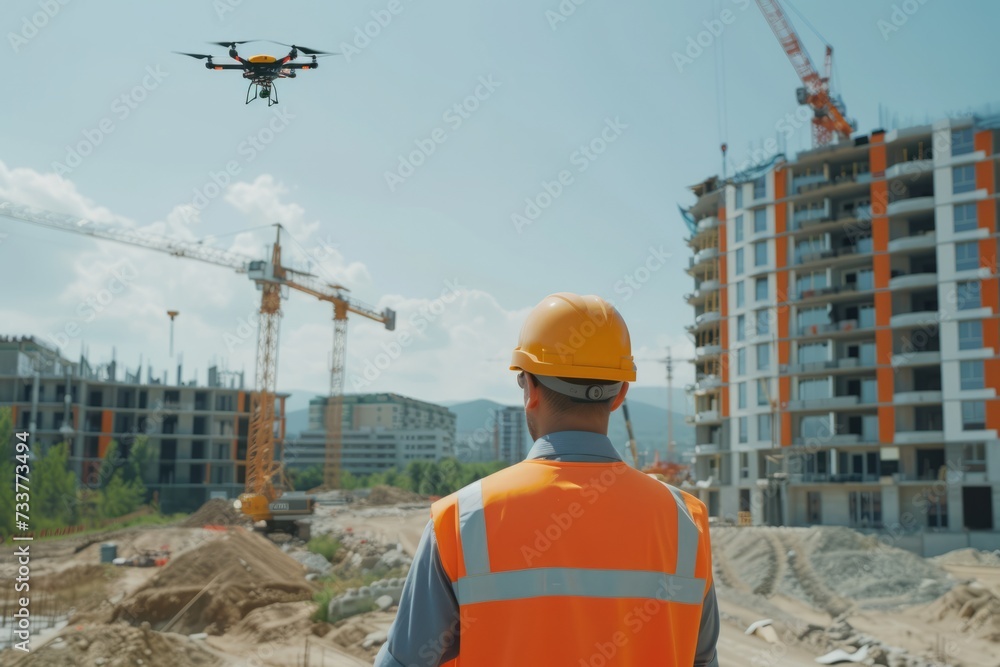 Drone inspection. Operator inspecting construction site control by ...