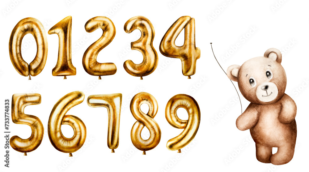 Watercolor cute cartoon teddy bear with golden foil balloon numbers ...