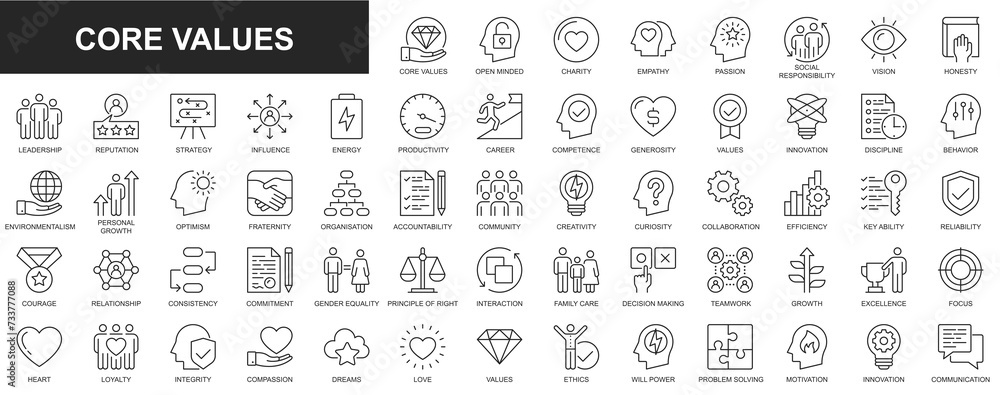 Core values web icons set in thin line design. Pack of charity, empathy ...