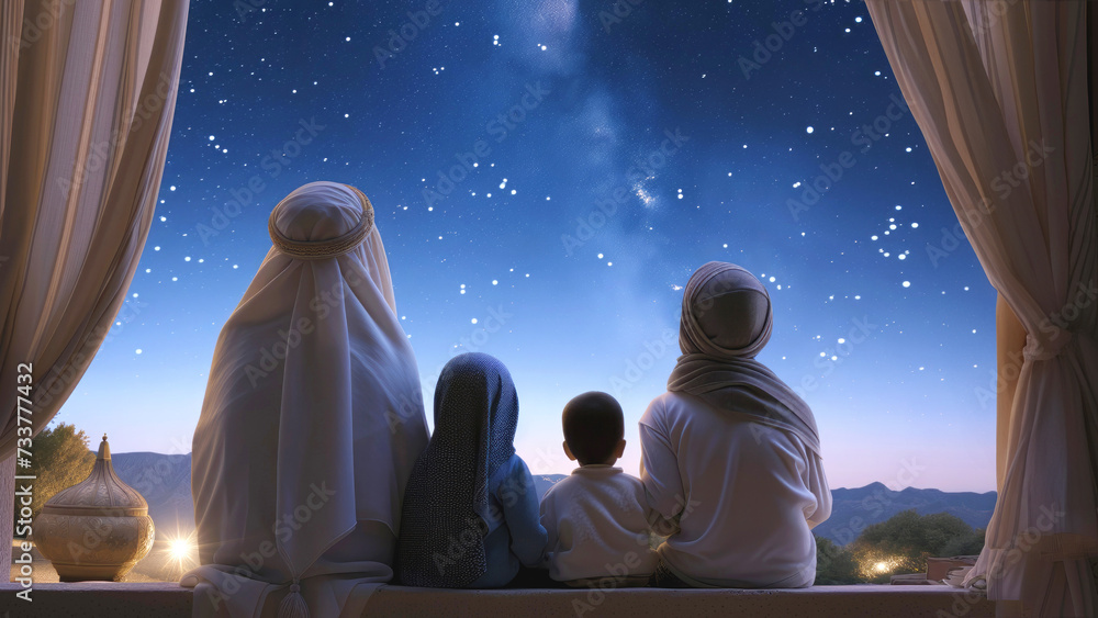 Muslim family looks at night view sitting on home balcony. Family ...