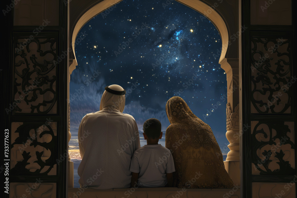 Father and mother spend time with son looking at night sky. Parents ...