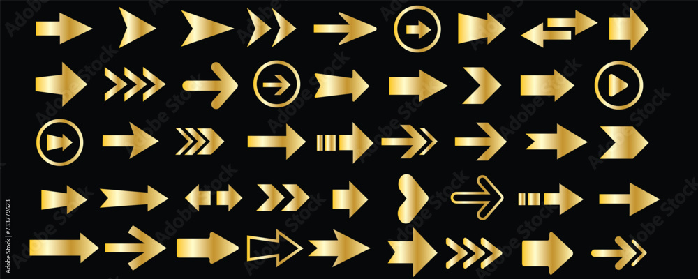 Golden arrow icon. Arrow design vector icon on black background in flat ...