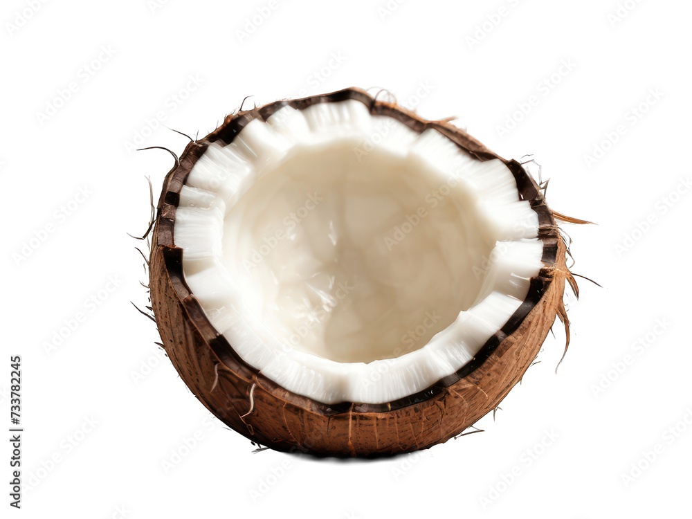 Fresh coconut, cracked open on a white background, showcasing the ...