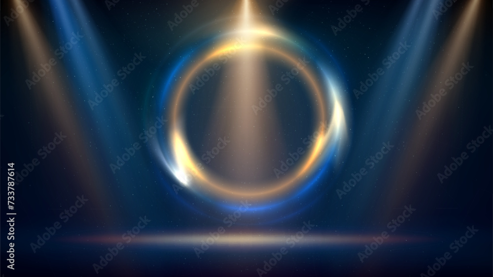 Golden, blue spotlight backdrop. Stage with golden blue circular ...