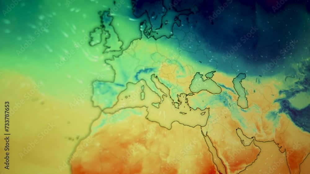 Wind temperatures weather over Europe Asia China Japan. Moving camera ...