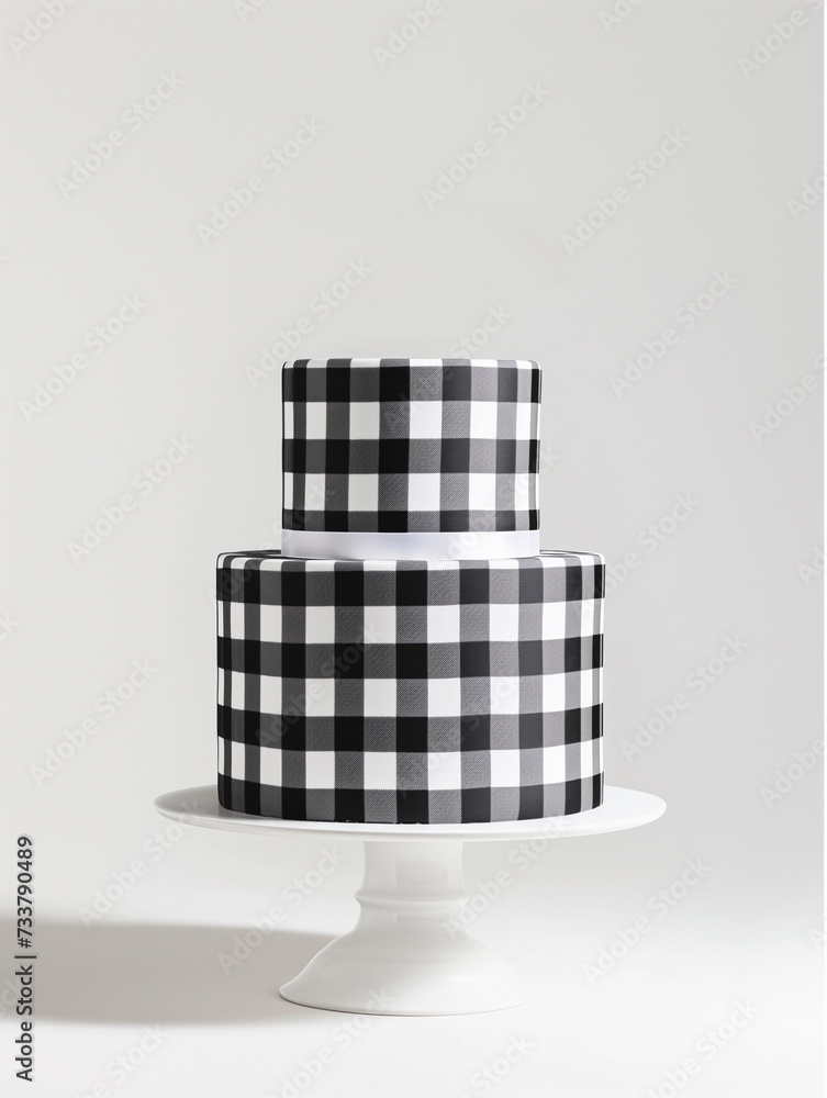 2 layer pretty gingham check print cake in black and white on ceramic ...
