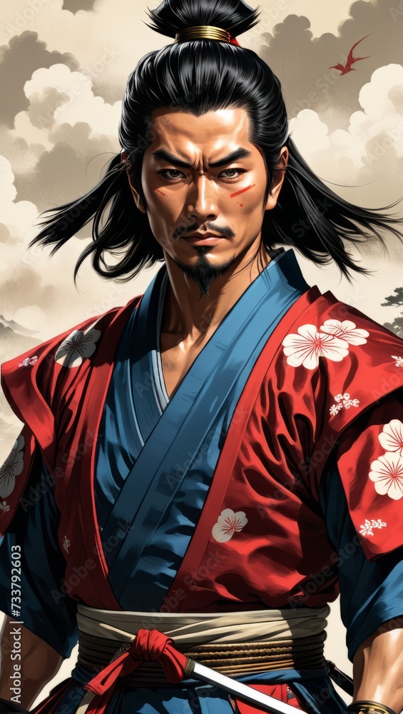 Stoic Samurai Warrior in Traditional Armor Standing Before a Japanese ...