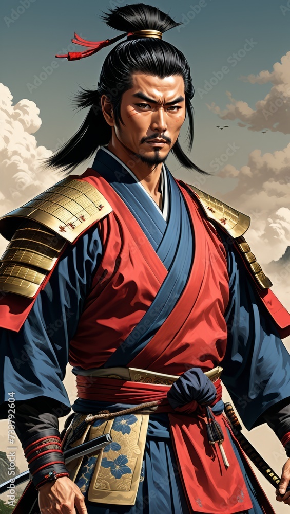 A detailed illustration of a stern-faced samurai clad in traditional ...