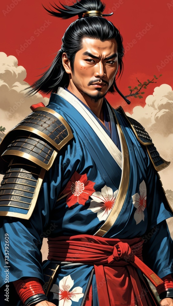 Stoic Samurai Warrior in Traditional Armor Standing Before a Japanese ...