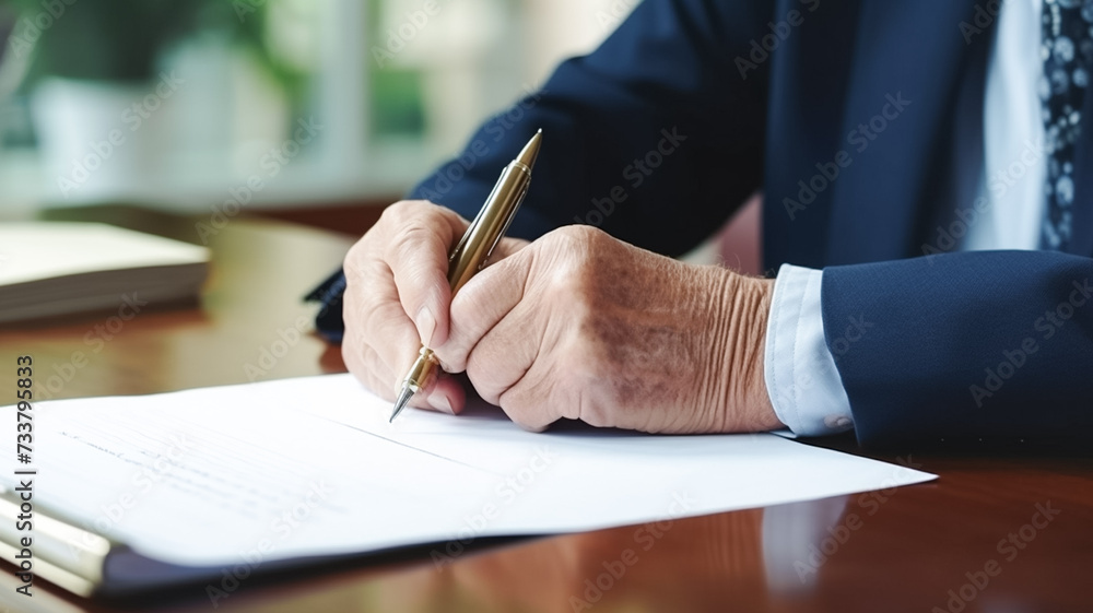 Cropped shot of senior old man elderly examining and signing last will ...