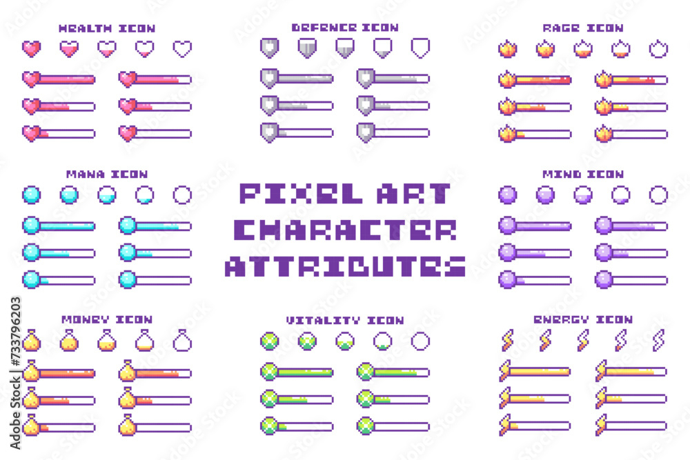 Pixel Art Game Bars: Health Bar, Mana Bar, Energy, Defense Armor, Money ...