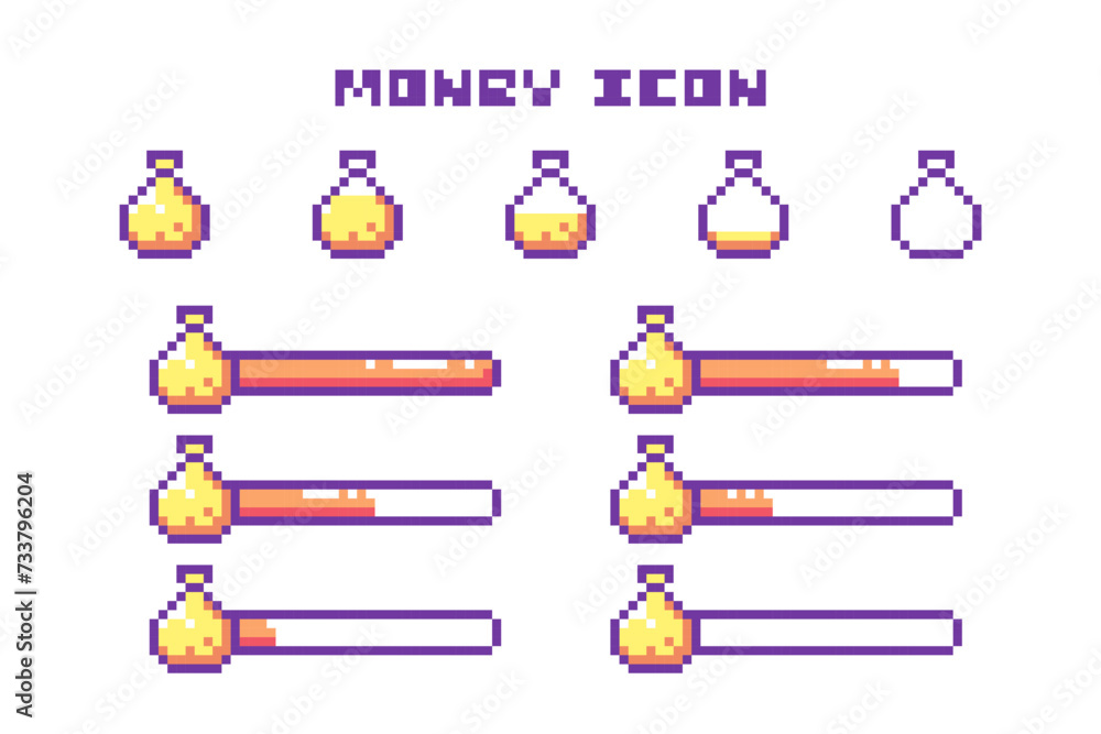 Pixel Art Game Money Bar Progress and Bag of Gold Icons Set. 8 Bit ...
