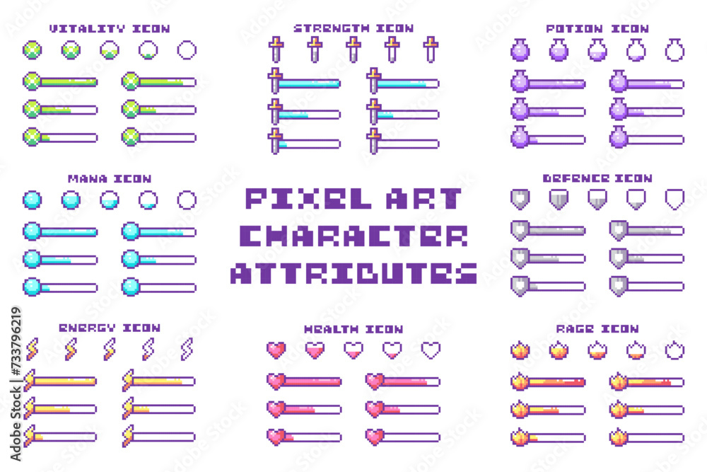 Pixel Art Y2K Character Attributes Set. 8bit Heath Bar, Mana Bar, and ...