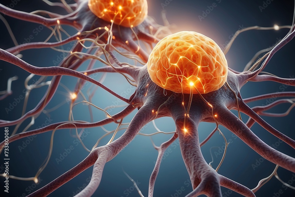 Active nerve cells. Neuronal network with electrical activity of neuron ...