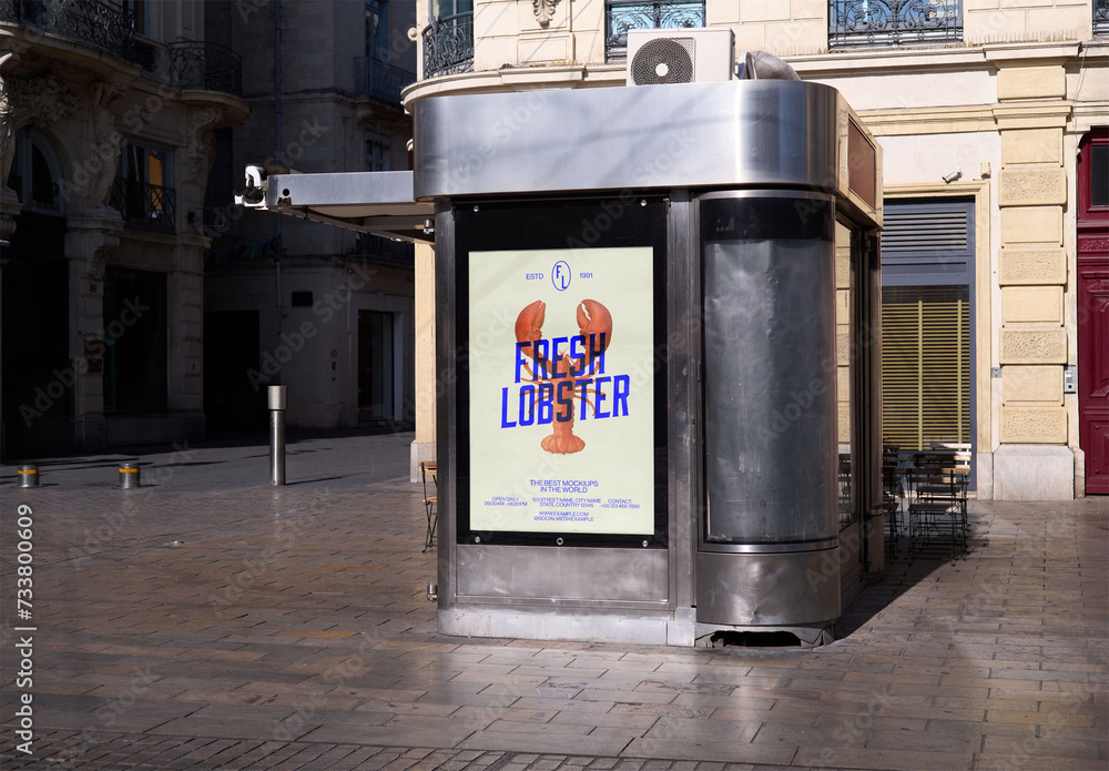 Mockup of customizable vertical sign on kiosk Stock Template | Adobe Stock