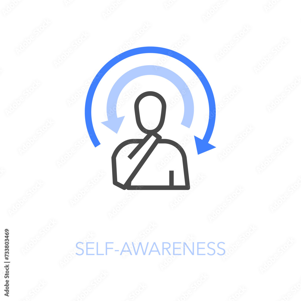 Simple visualised self-awareness icon symbol with a thinking person and ...