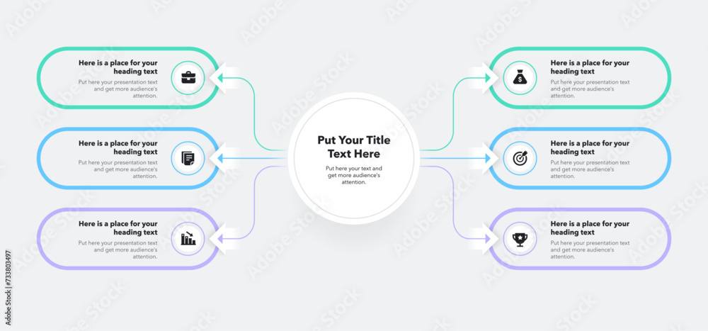 Modern flowchart infographic with central circle and six colorful ...
