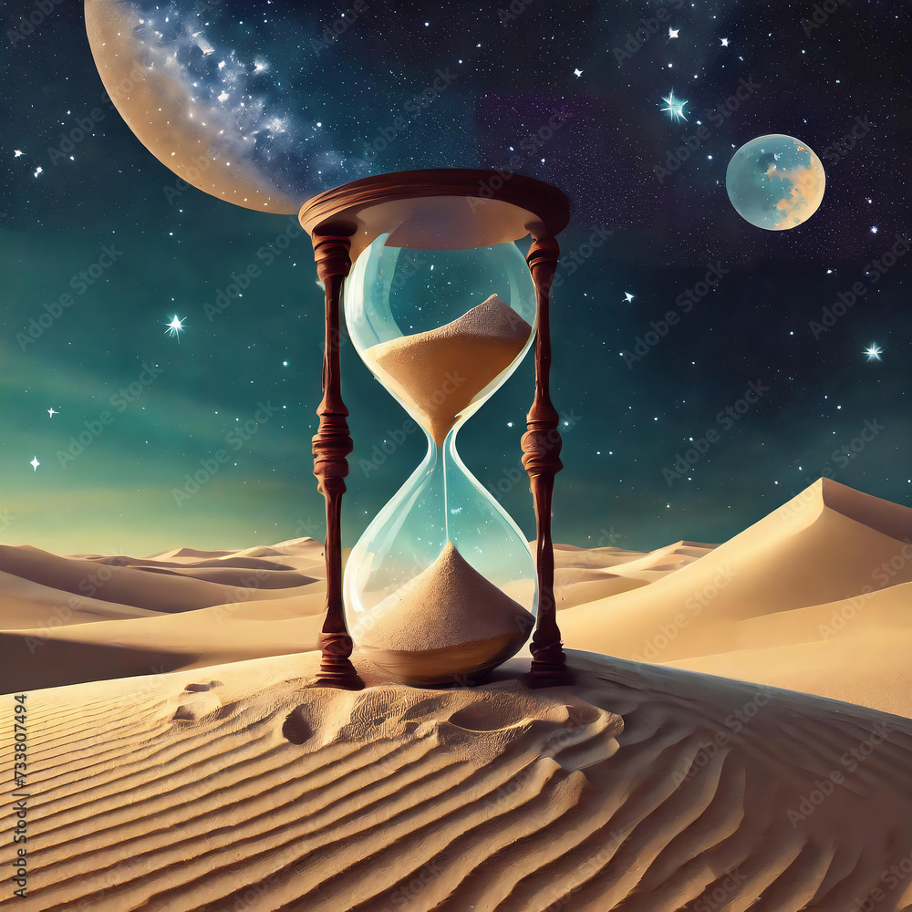 Beautiful retro hourglass in surreal desert with night sky, glowing ...
