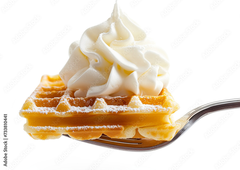 Whipped Cream Topped Waffle on Fork, A bite-sized waffle square ...