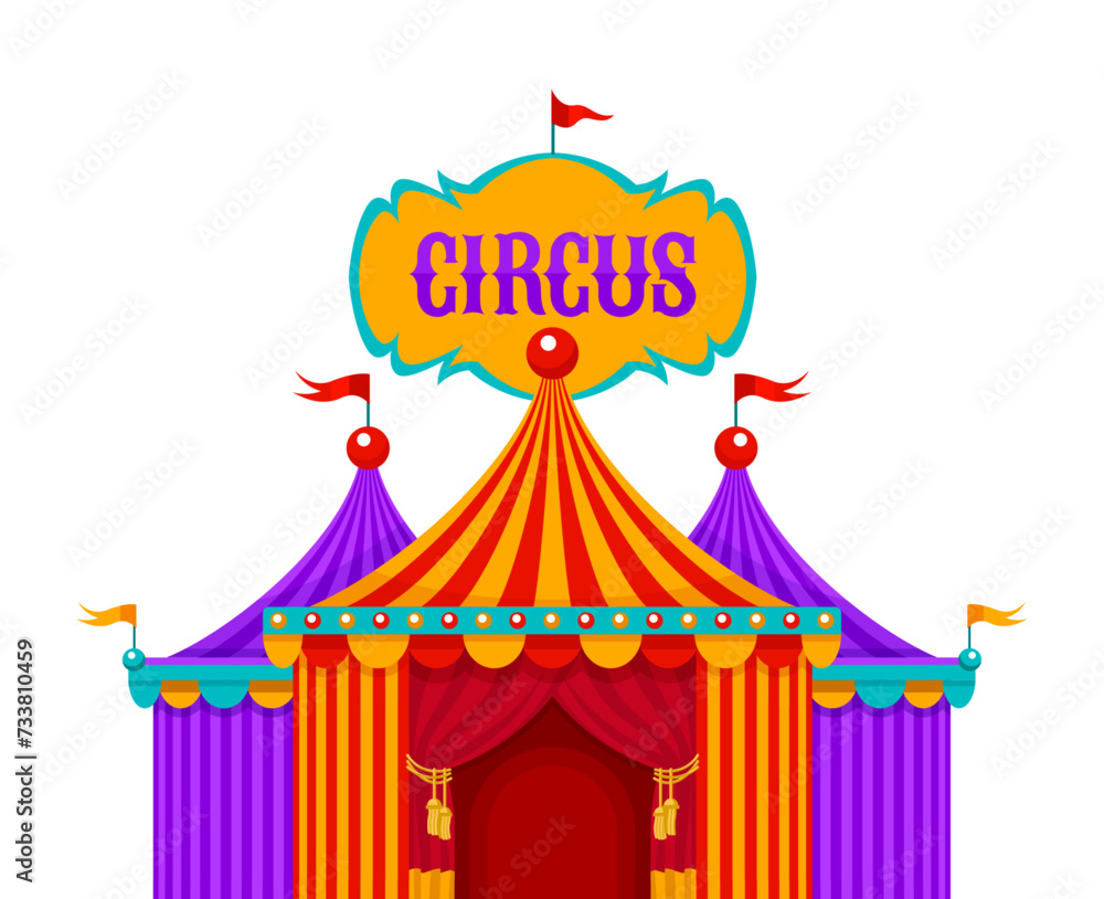 Entrance of circus marquee tents with red curtains, bulbs and flag ...