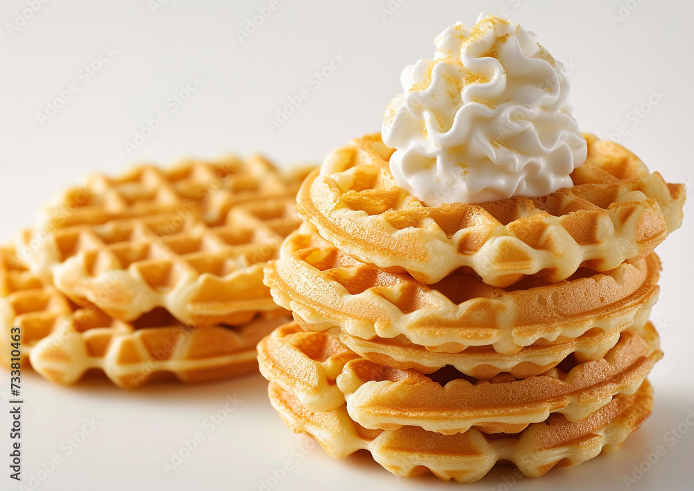 Stacked Waffles with Whipped Cream Crown, A tall stack of golden ...