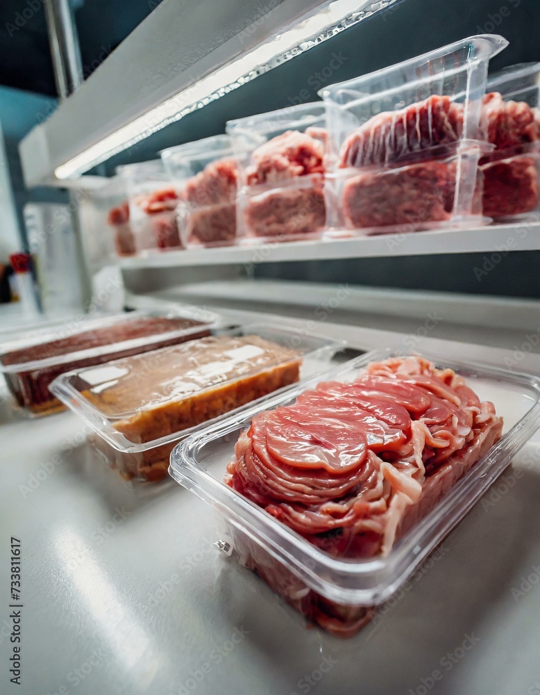 lab-grown meat samples, packaged and market-ready, created in modern ...