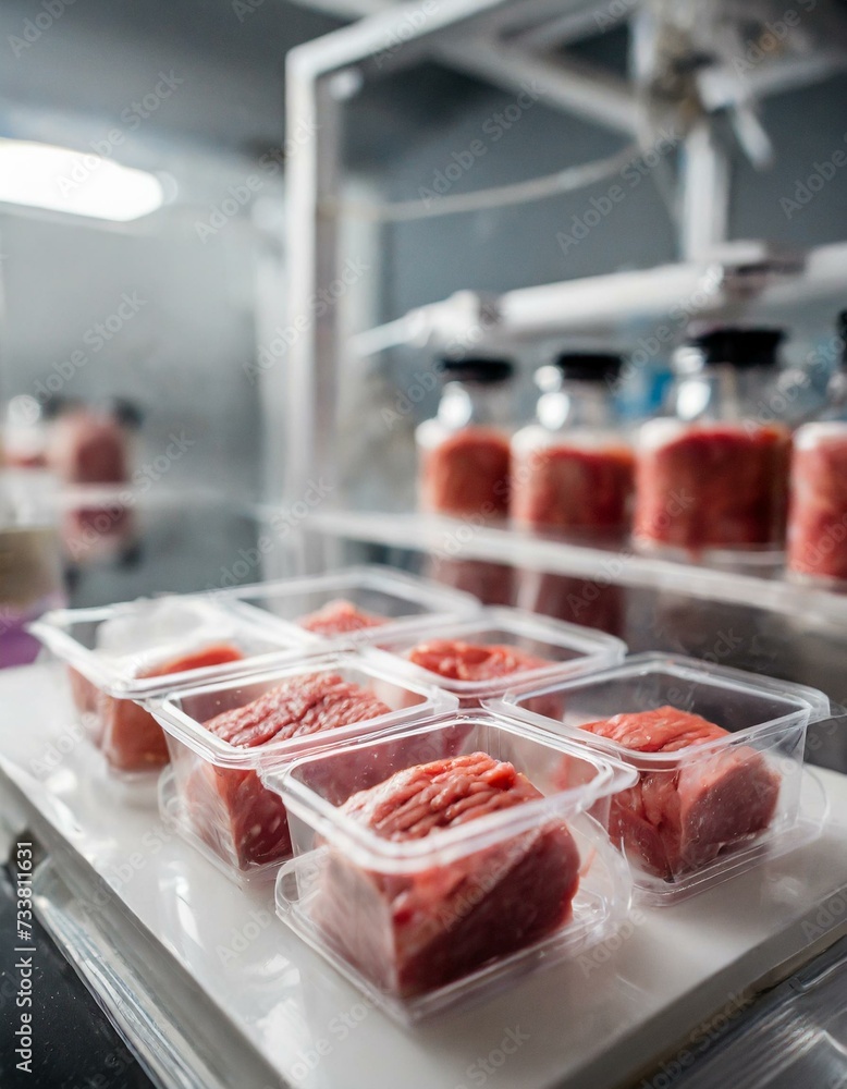 lab-grown meat samples, packaged and market-ready, created in modern ...