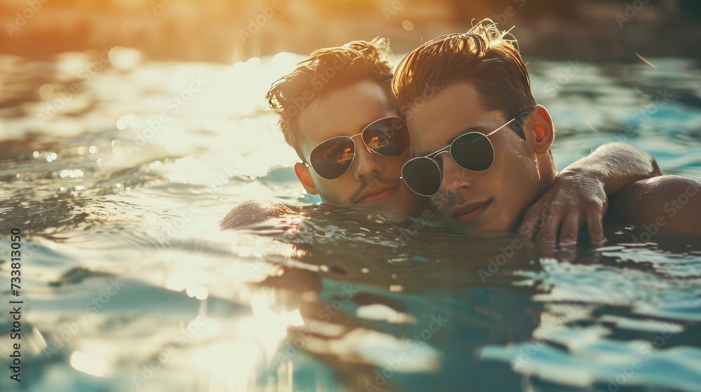 Gay couple wearing sunglasses relaxing in swimming pool or in a sea ...